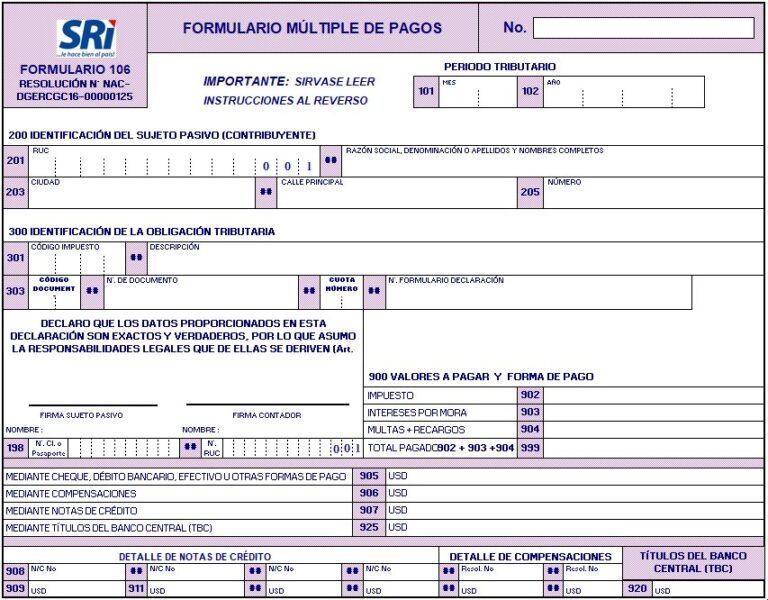 Formulario Múltiple de Pagos ᐈ F. 106 SRI【2024